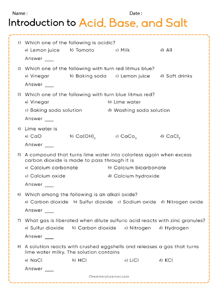 Acids Bases and Salts Worksheet With Answers | PDF