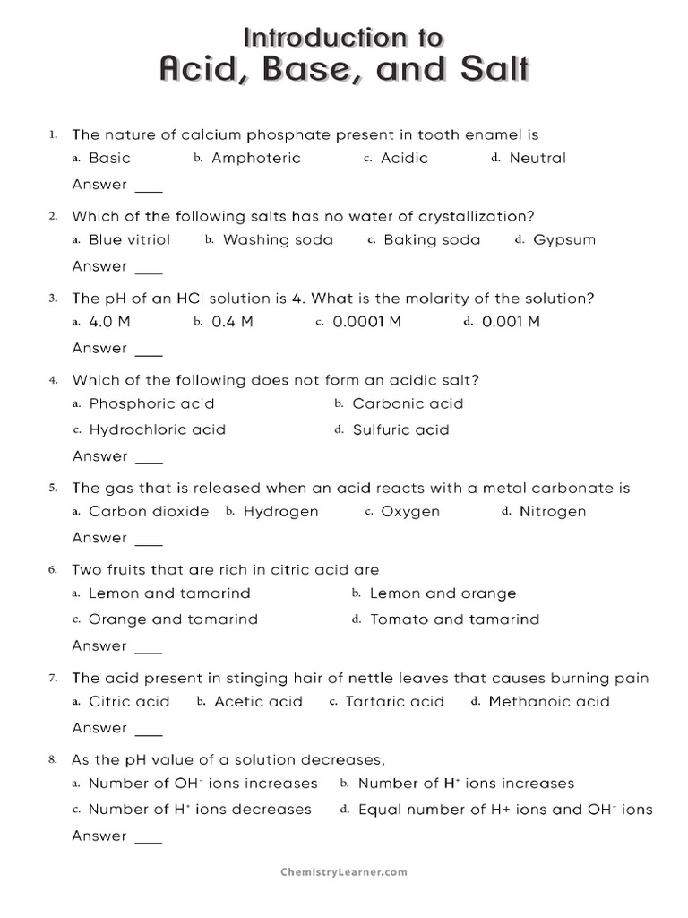 Acids Bases and Salts Worksheet With Answer Key | PDF