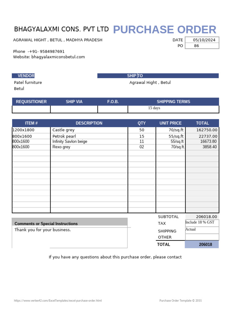 Purchase Order Template PDF Sample | PDF