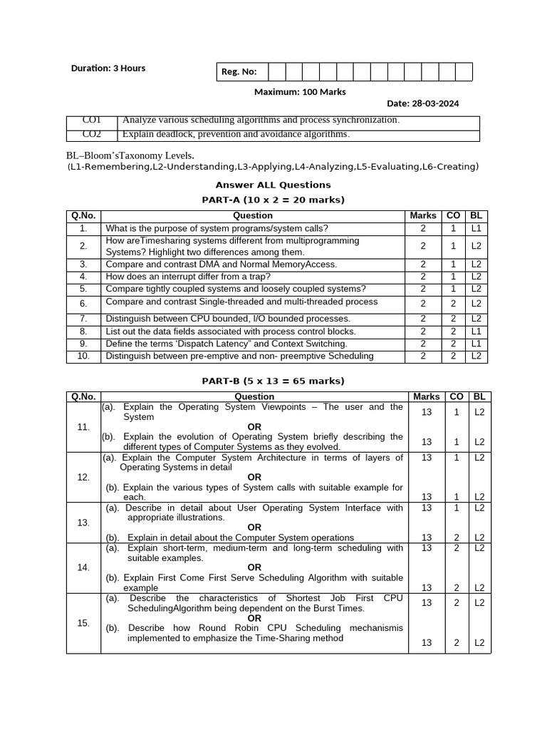 AL3452 - OPERATING SYSTEMS - IAT 1 QP - Format | PDF | Scheduling (Computing) | Operating System