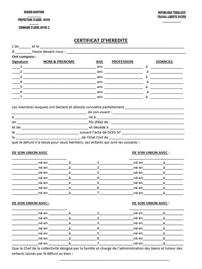 Certificat d'Hérédité : Modèle et Infos | PDF