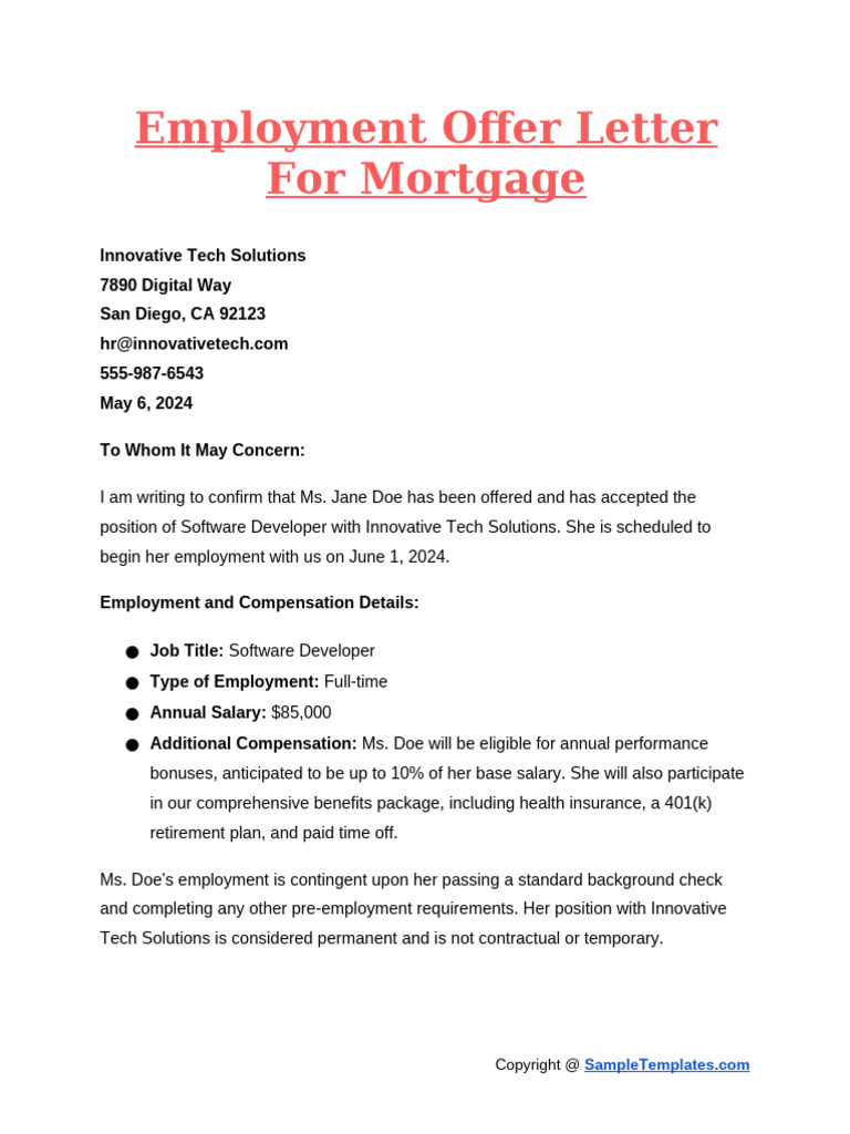 Employment Offer Letter For Mortgage | PDF