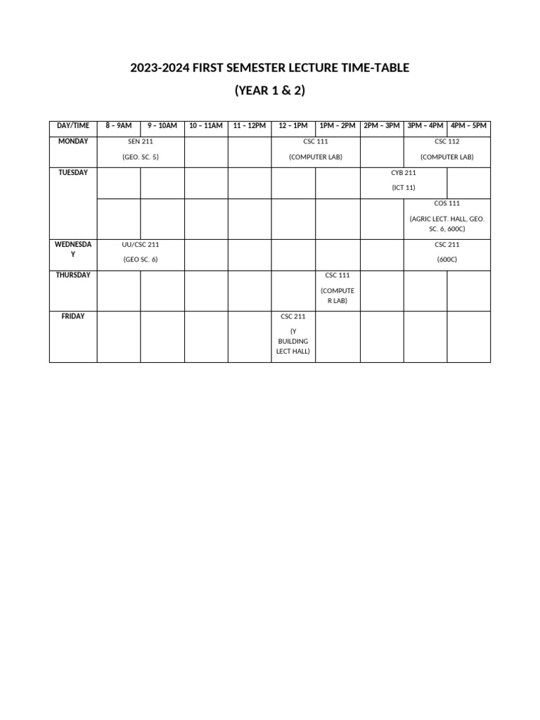 2023-2024 FIRST SEMESTER LECTURE TIME-TABLE_123314 | PDF