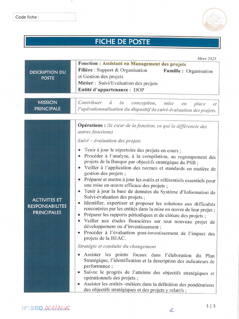 12 - Fiche de Poste Assistant en Management Des Projets | PDF
