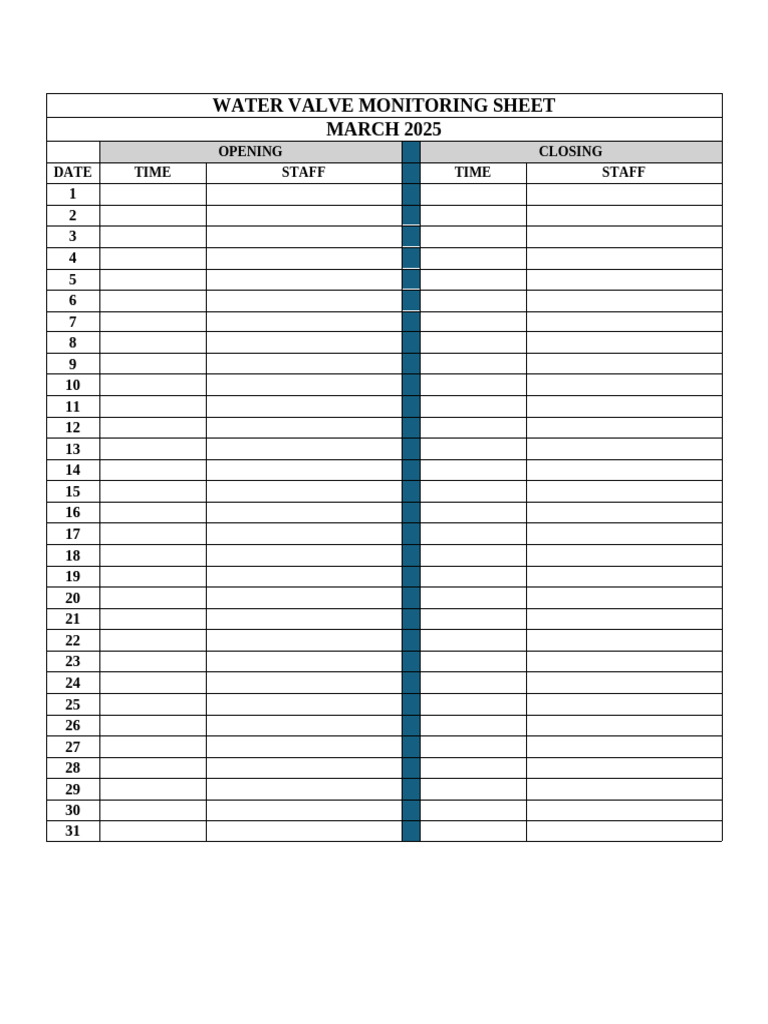 Water Valve Monitoring Sheet | PDF