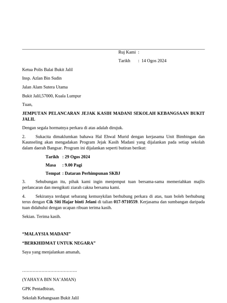 Surat Jemputan Ketua Balai Plis Bukit Jalil | PDF