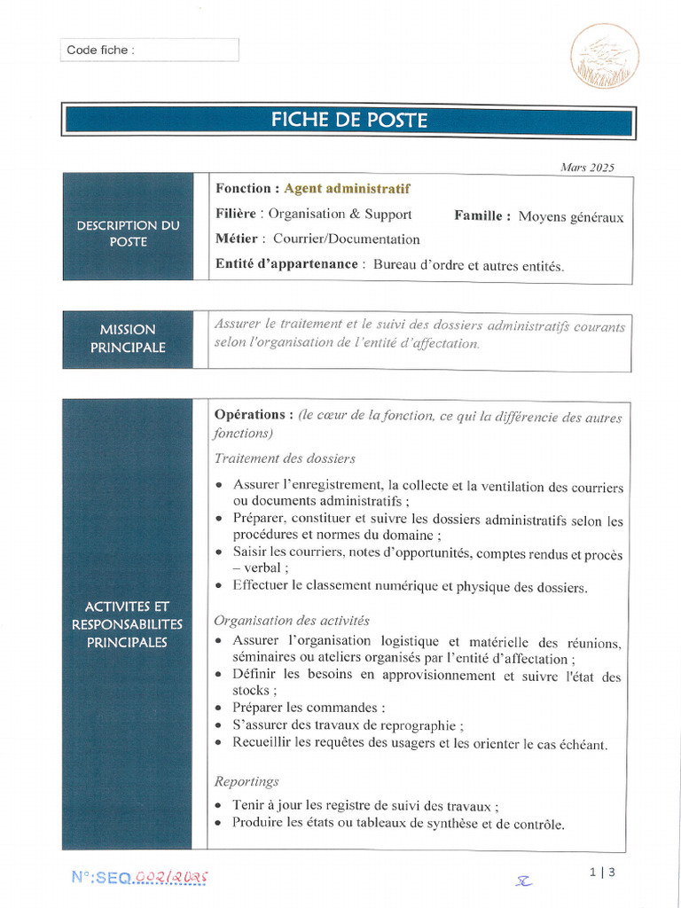 15 - Fiche de Poste Agent Administratif | PDF