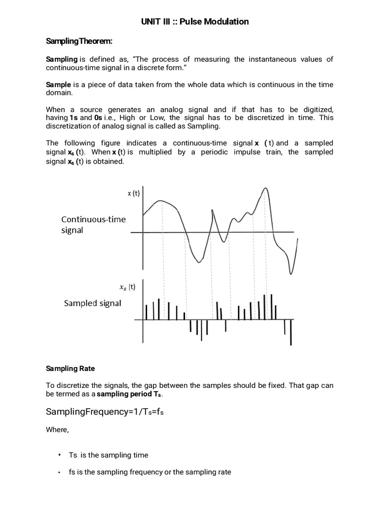 Unit Iii:: Pulse Modulation: Samplingtheorem | PDF | Sampling (Signal Processing) | Mathematical ...