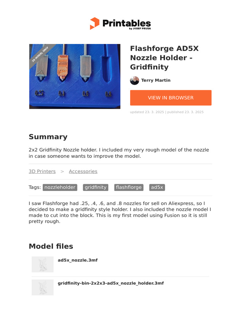 Flashforge Ad5x Nozzle Holder Gridfinity | PDF