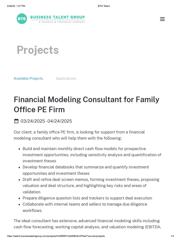 BTG Talent - Financial Modeling Consultant for Family Office PE Firm | PDF | Valuation (Finance ...