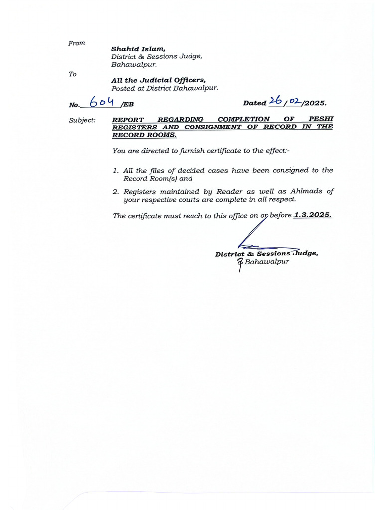 Report Regarding Completion of Peshi Registers and Consignment of ...
