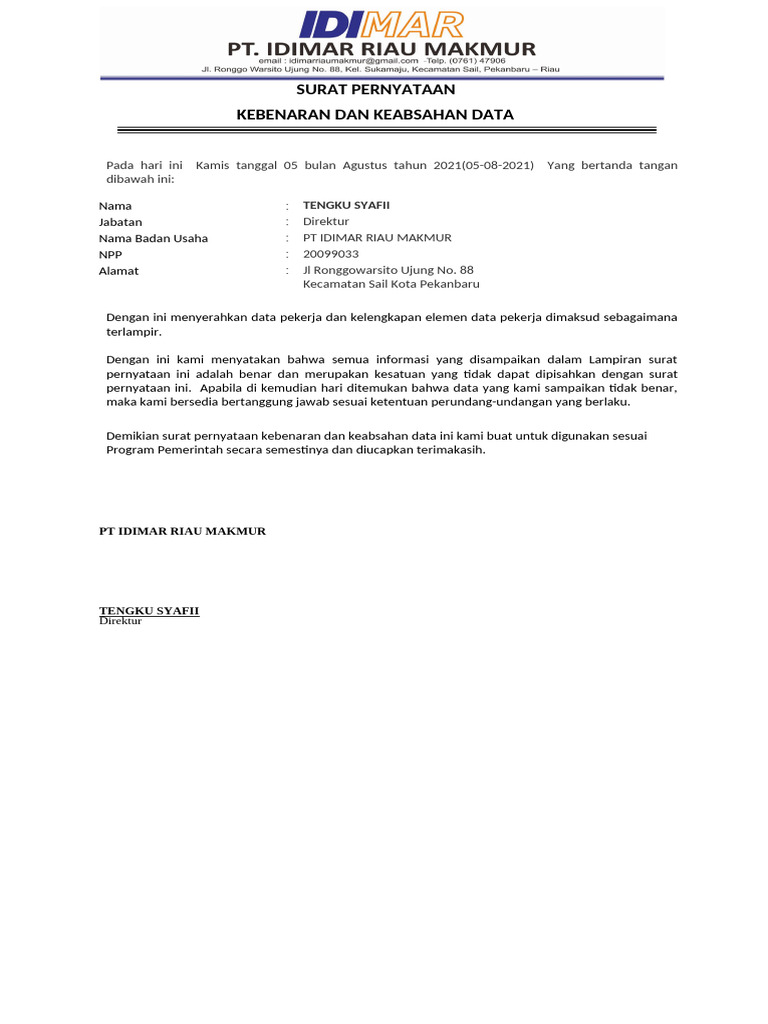 Surat Pernyataan Keabsahan Data | PDF