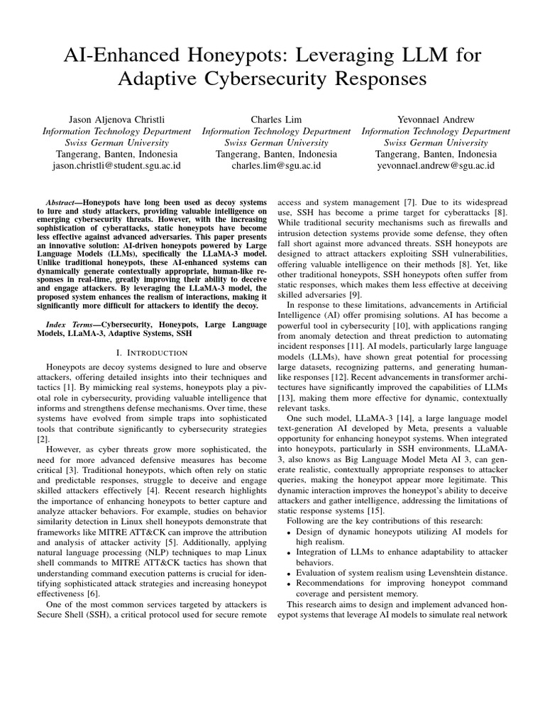 AI-Enhanced Honeypots: Leveraging LLM For Adaptive Cybersecurity Responses | PDF | Artificial ...