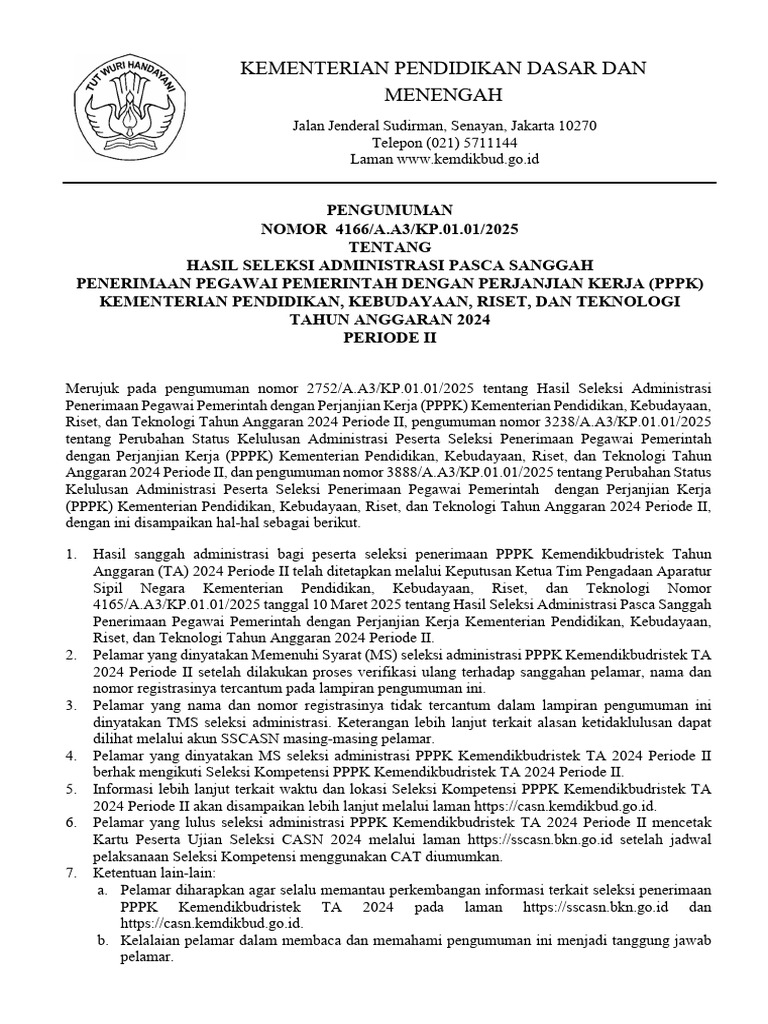 Pengumuman Hasil Seleksi Administrasi Pasca Sanggah PPPK Periode II TA 2024 | PDF