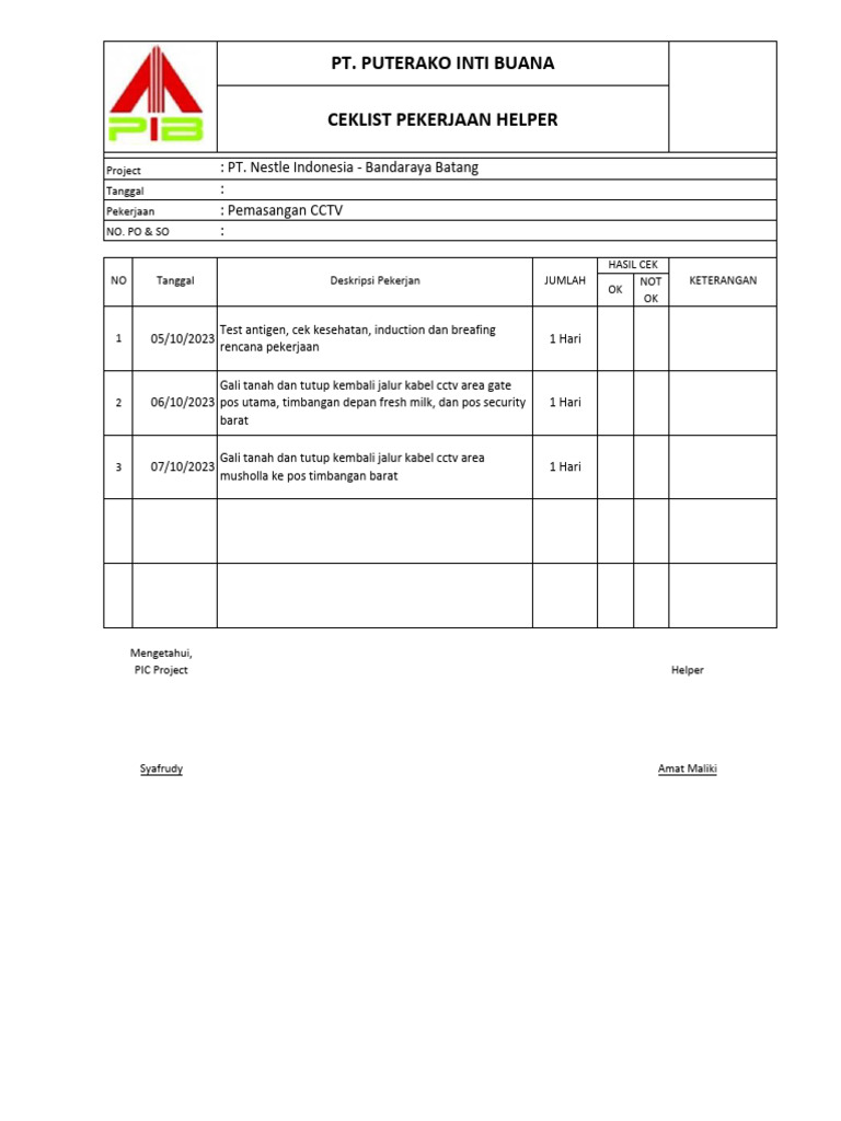 Checklist Pekerjaan Helper | PDF
