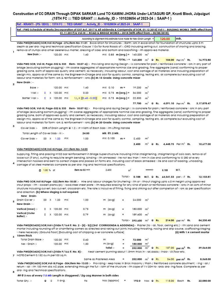 PCC Drain Construction Estimate | PDF | Concrete | Architectural Elements