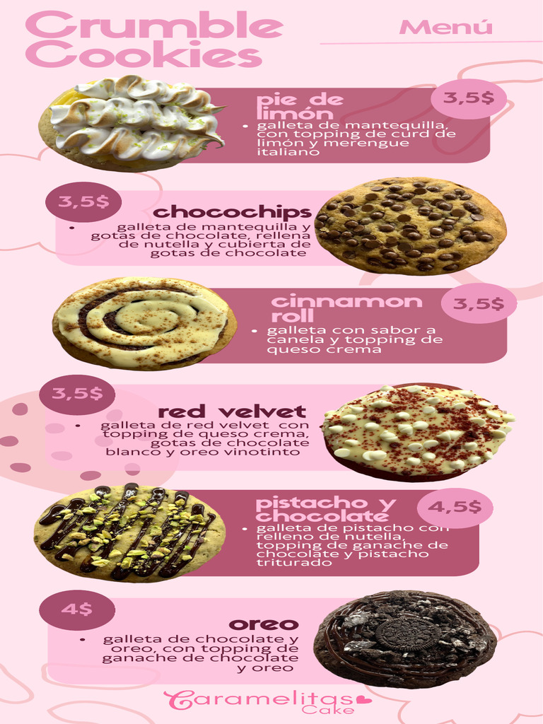Menú Crumble Cookies Caramelitas Cake | PDF