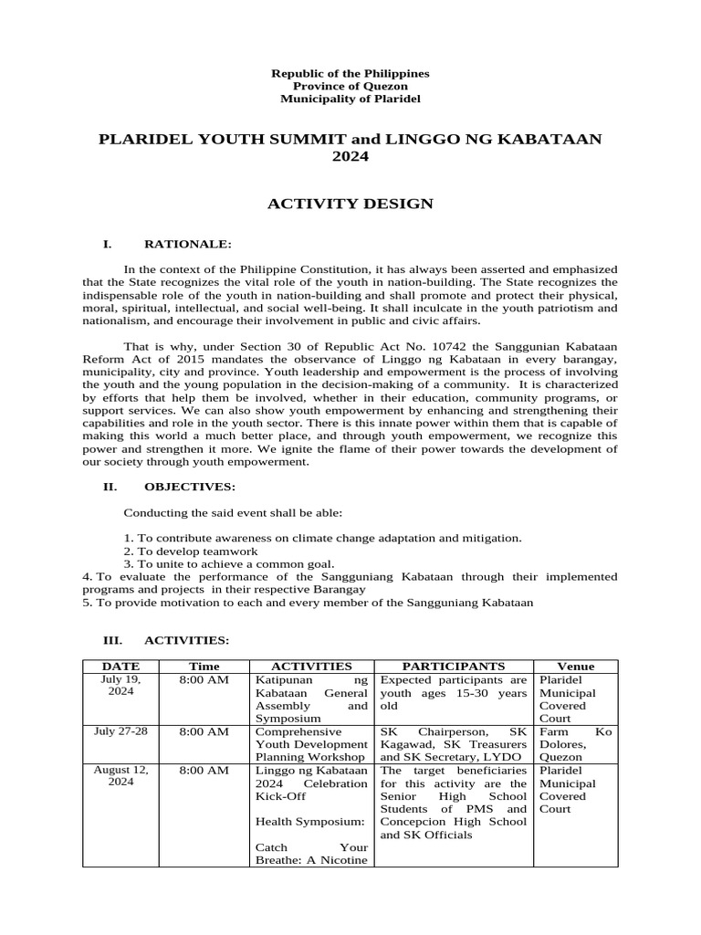 Activity Design Linggo NG Kabataan 2024 | PDF | Empowerment