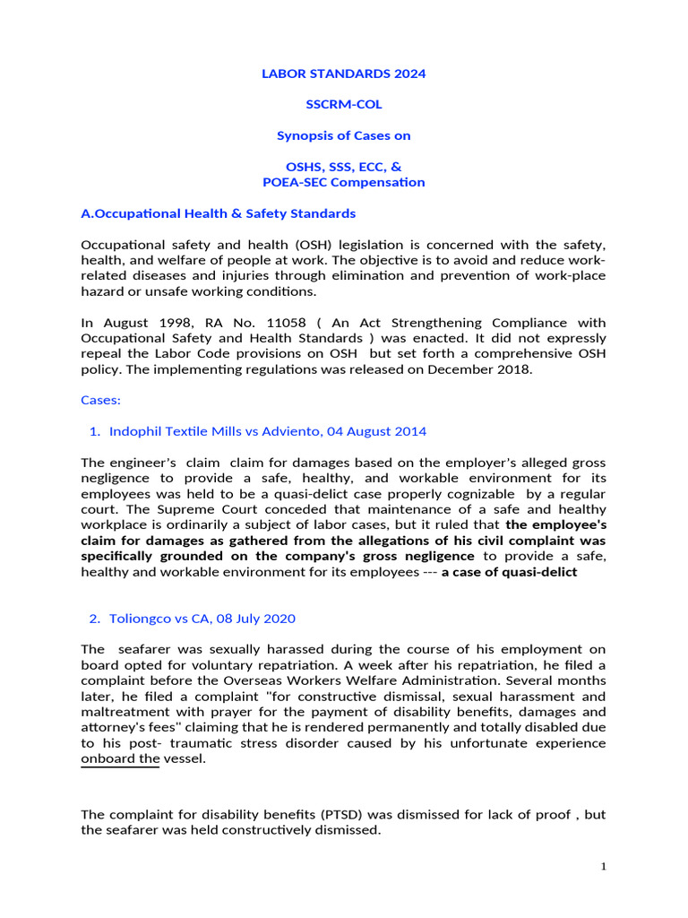 Lab Stan SSS ECC Cases Synopsis | PDF | Occupational Safety And Health ...