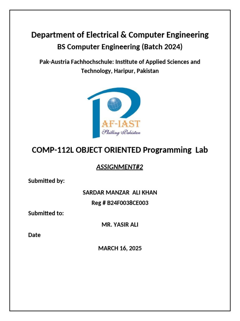 Assignment#2 (Sardar Manzar Ali Khan - B24f0038ce003) | PDF | Constructor (Object Oriented ...