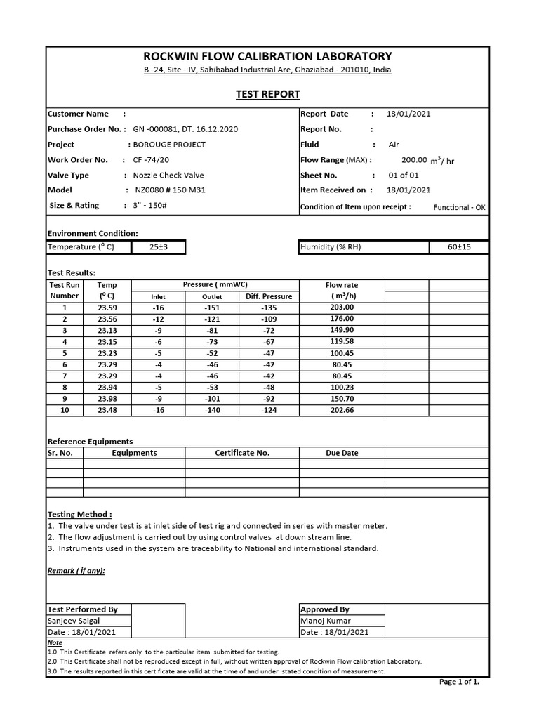 Punumtic Test Certificate For Valve | PDF | Valve | Calibration