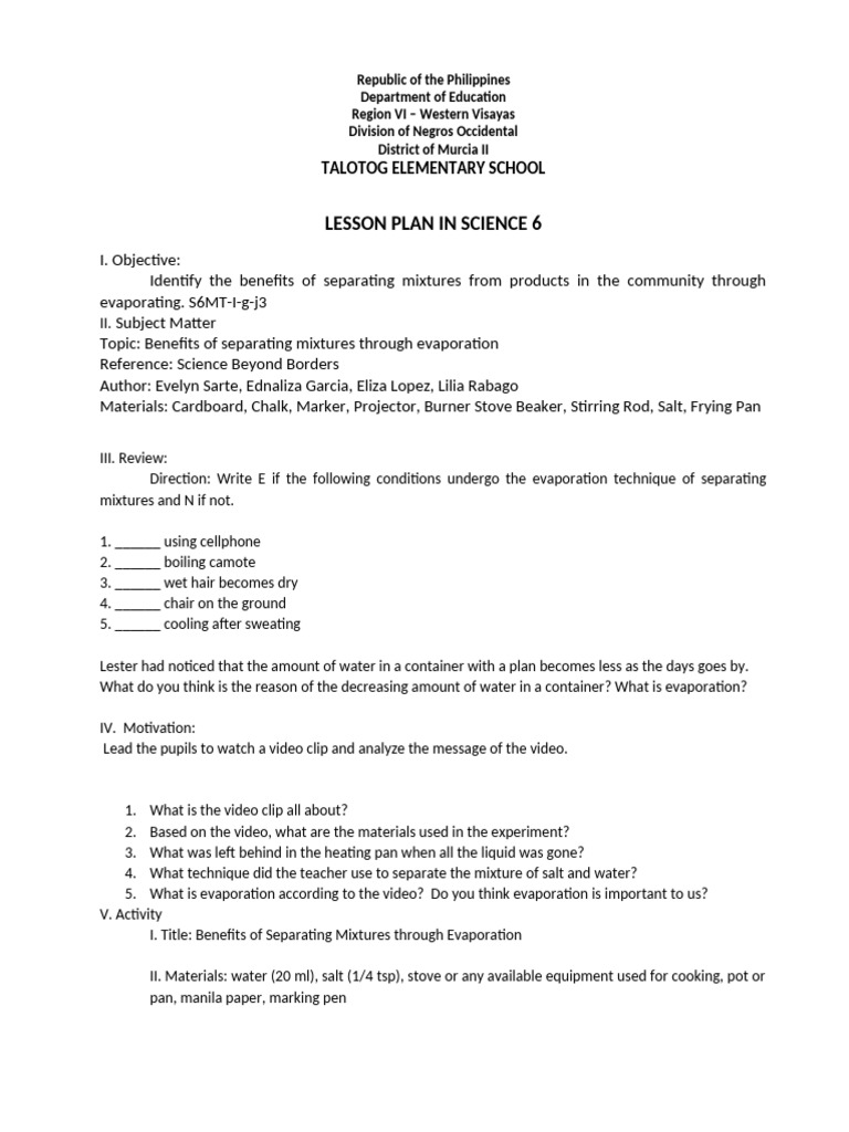 CLASSROOM OBSERVATION LESSON PLAN IN SCIENCE 6 | PDF | Evaporation ...