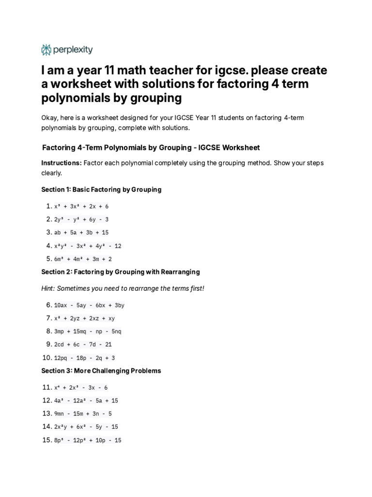 Factorizing by Grouping With Solutions | PDF | Arithmetic | Mathematics
