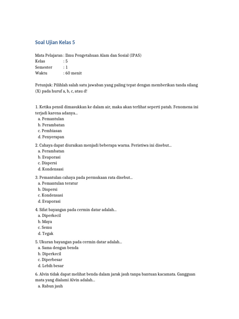 Soal Ujian Kelas 5 | PDF