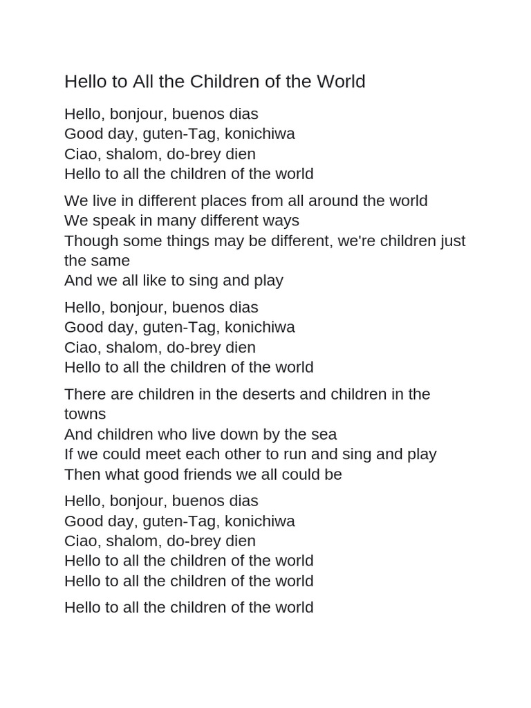 Hello to All the Children of the World | PDF