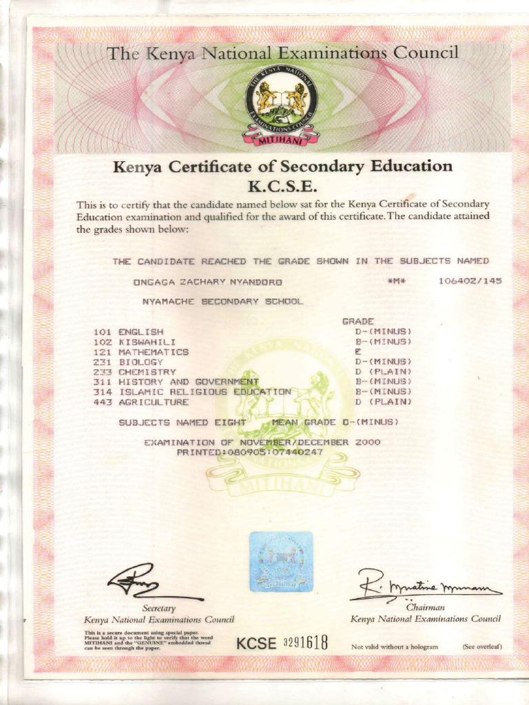 Zachary Nyandoro Ongaga - K.C.S.E Cert | PDF