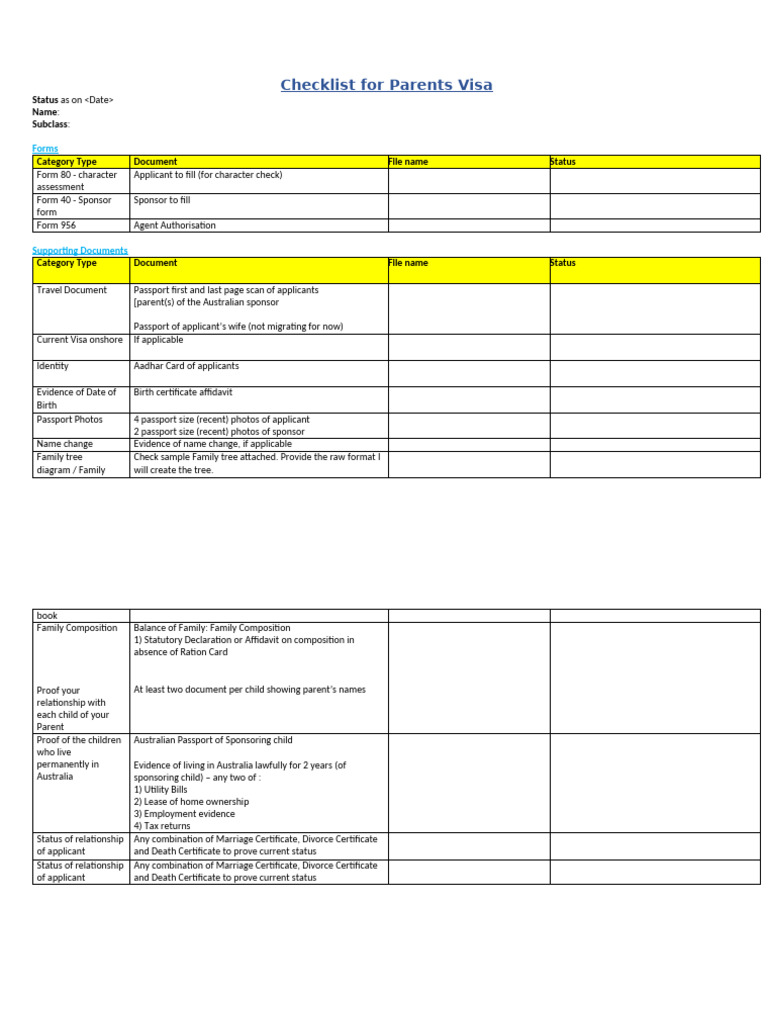 Parents Visa Document Checklist | PDF