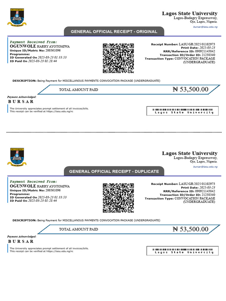 LASU Convocation Package Payment Receipt | PDF | Receipt | Payments