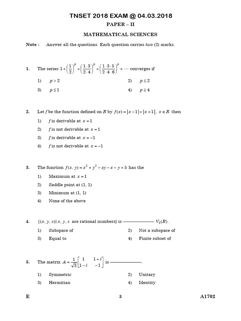 TNSET 2018 Maths Question Paper-II with Key | PDF | Compact Space | Mathematical Concepts