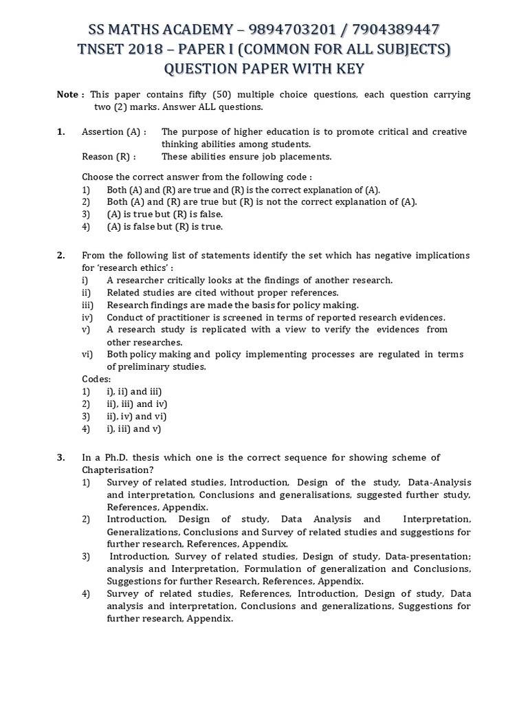 TNSET 2018 General Paper - 1 With Key | PDF | Argument