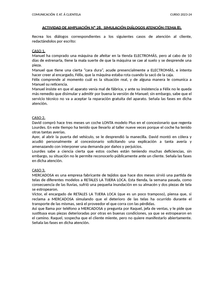 Simulación de Diálogos de Atención al Cliente | PDF