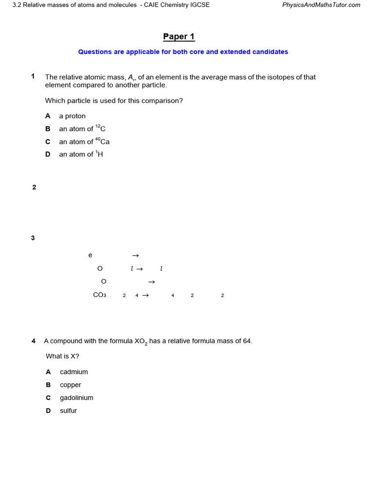 3.2 Relative Masses of Atoms and Molecules MCQ QP | PDF | Chemical ...