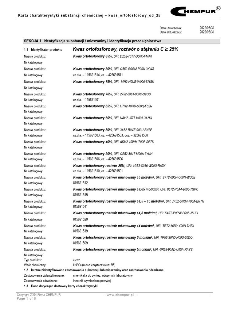 Karta Charakterystyki - Kwas Ortofosforowy 85 | PDF