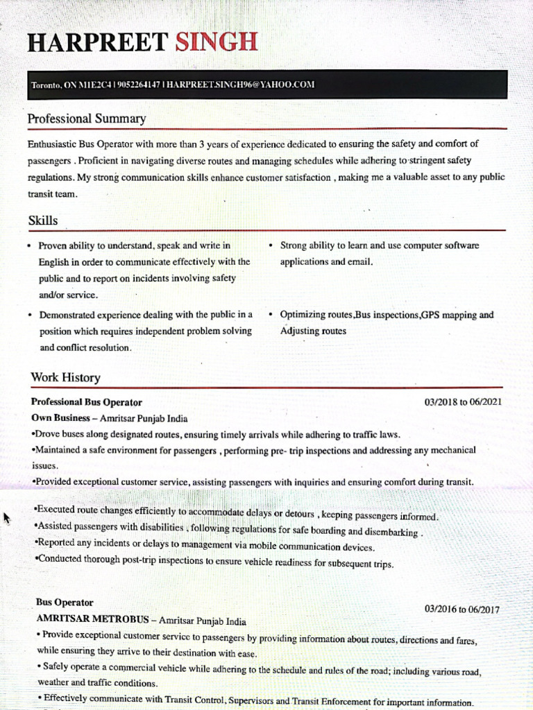 Transit Operator Resume | PDF