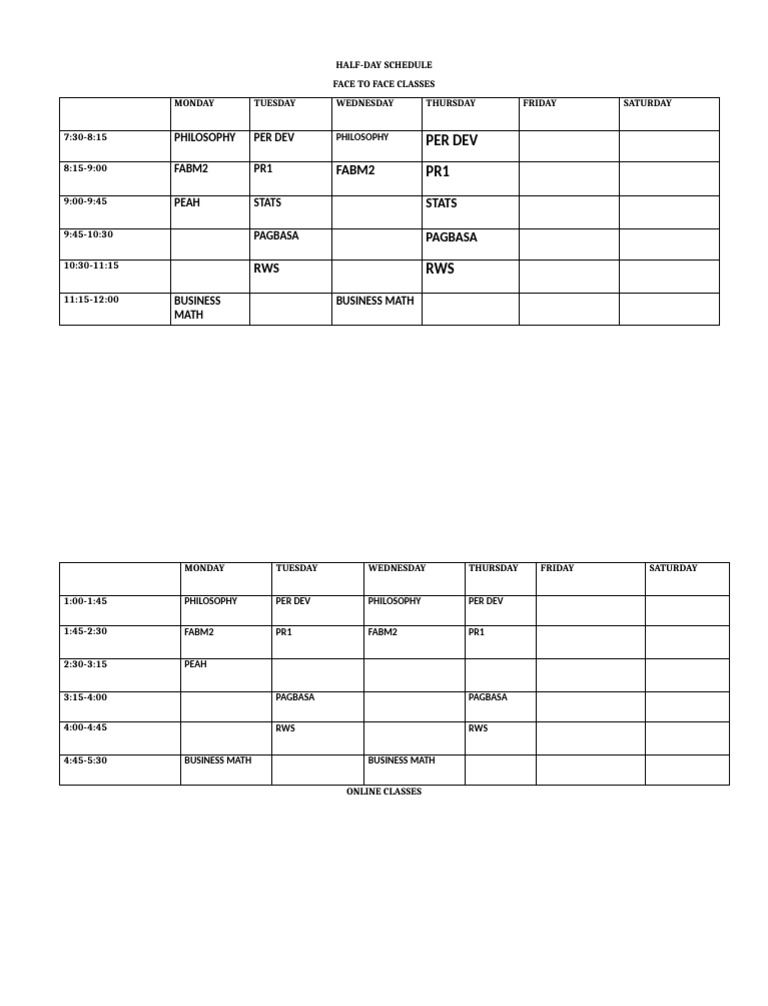 Half-Day Class Schedule Overview | PDF