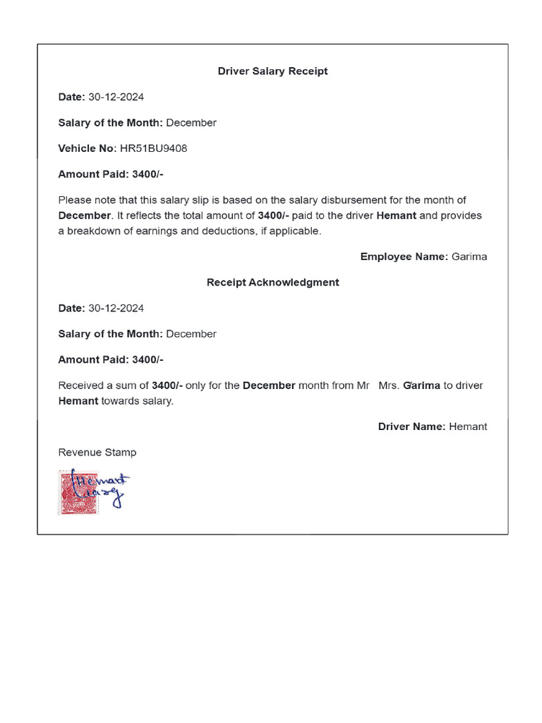 Driver Salary Slip (Freeforonline - Com) | PDF