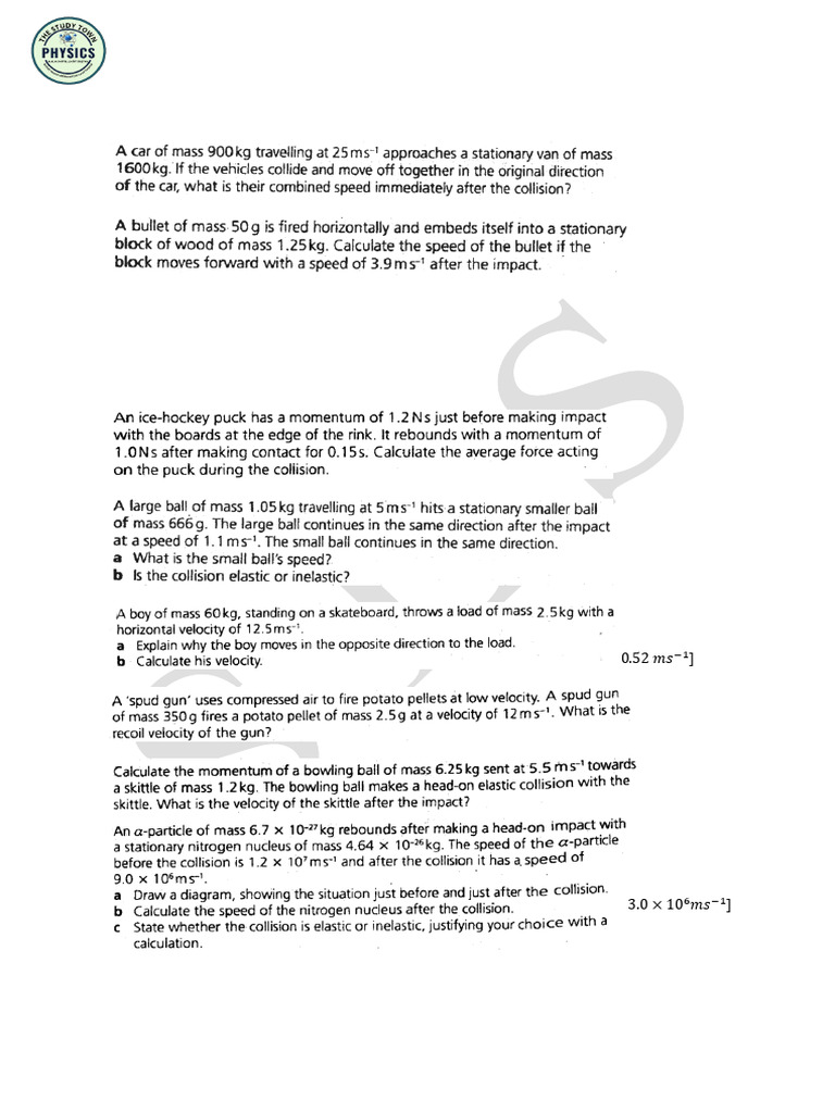 Unit 4 WS 1 A2 Work Sheet On Conservation of Momentum in 1 Dimension ...