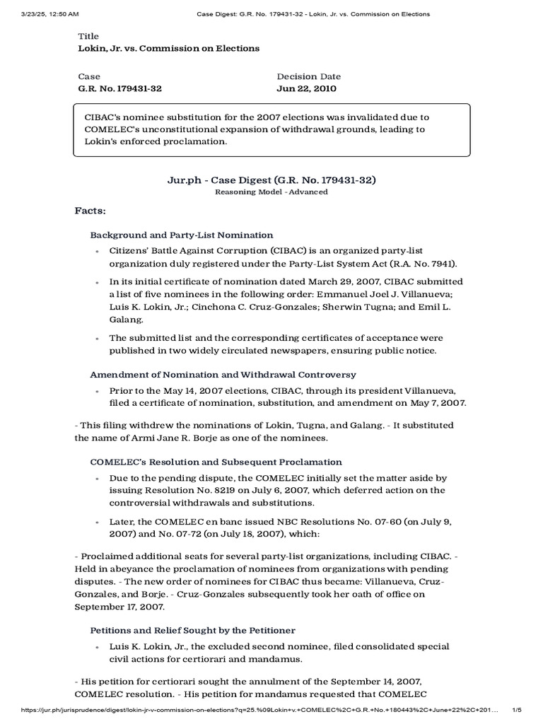 Lokin Jr. vs. COMELEC Case Summary | PDF | Mandamus | Certiorari