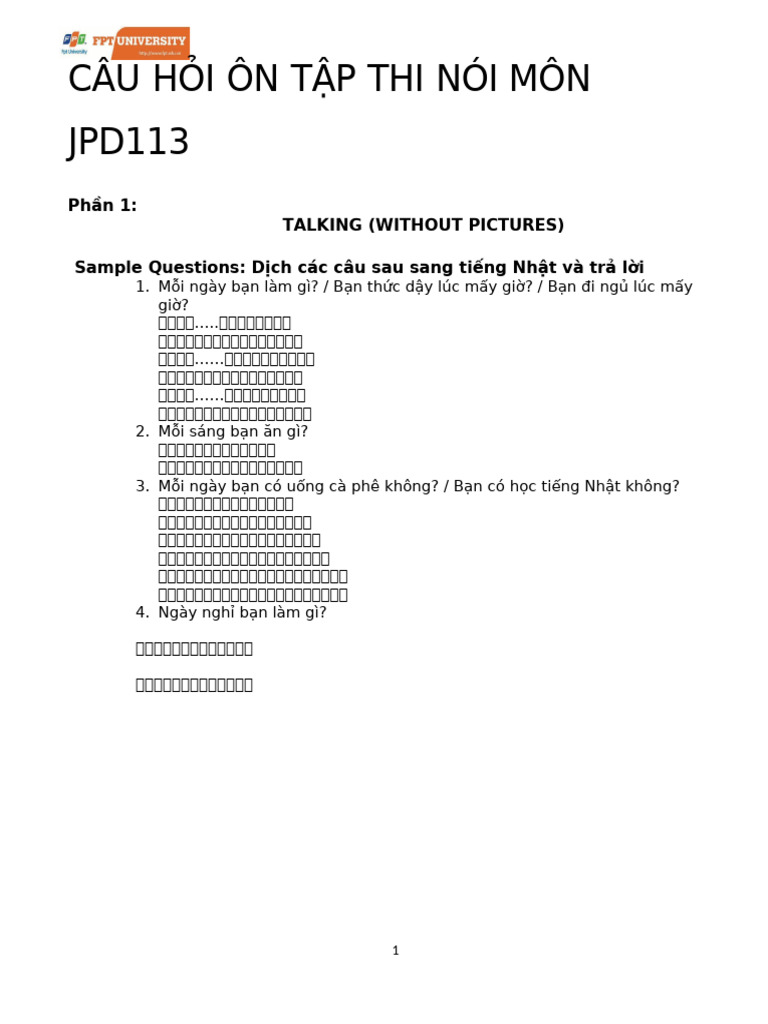 JPD113 - SV - Speaking - luyện đặt - trả lời câu hỏi | PDF