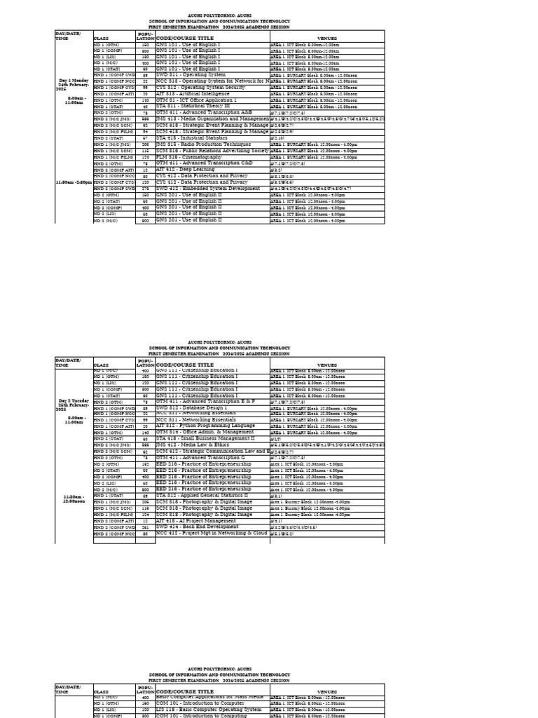 First Semester Examination Time Table 2024_2025 Session Student Updated-1 | PDF | Computing