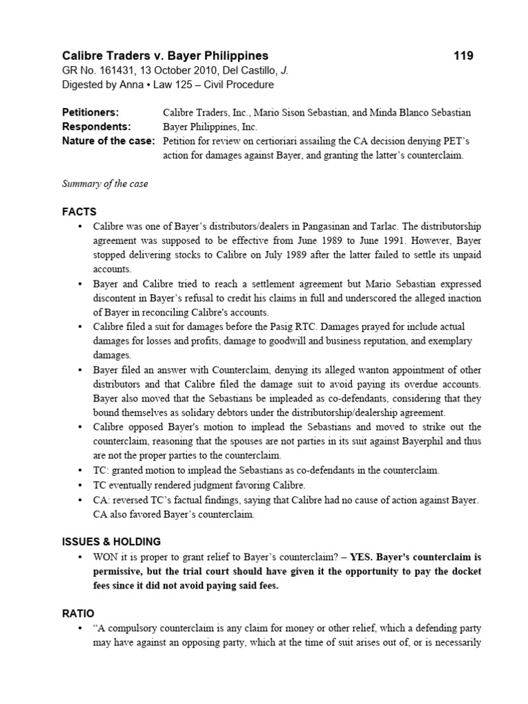 Calibre Traders v. Bayer Philippines Case Summary | PDF | Lawsuit | Justice