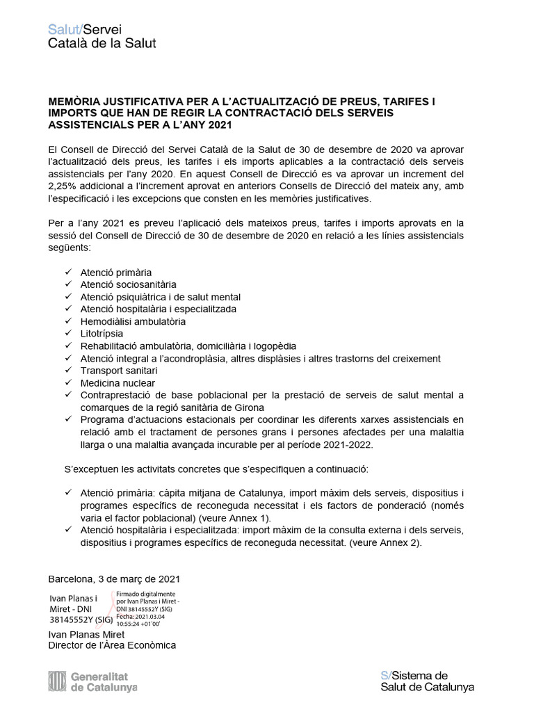 Memòria Justificativa Per Actualització de Preus I Tarifes Serveis Assistencials 2021 | PDF