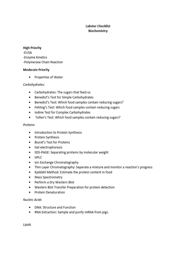 Labster Checklist Biochemistry | PDF
