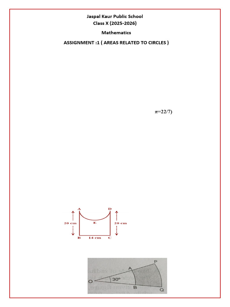 Assignment 1 Areas Related To Circles Class X (2025-26) | PDF