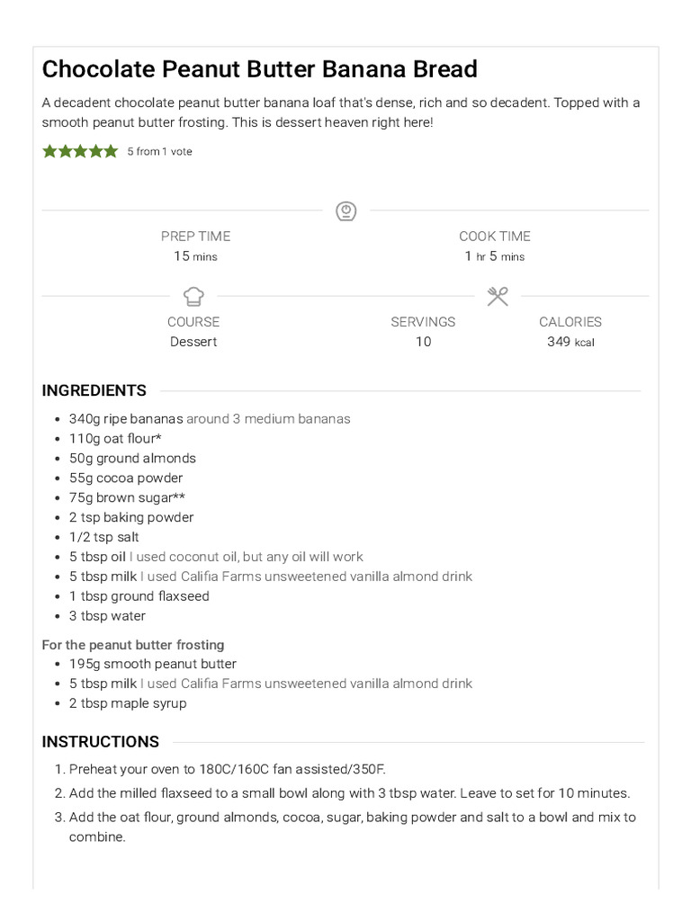 Chocolate Peanut Butter Banana Bread - Nadia's Healthy Kitchen | PDF ...