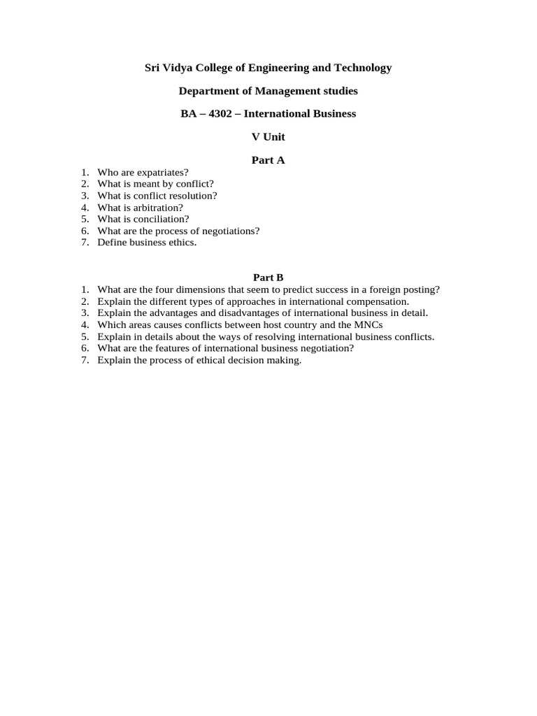 International Business Questions - V Unit - 2021 Regulations | PDF